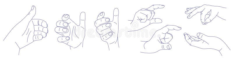 Set of Gestures in Various Positions. Contour Vector Illustration. Hand ...