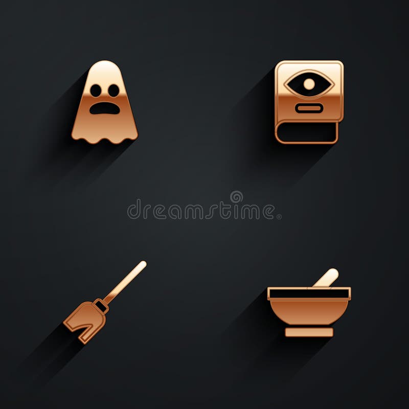 Set Ghost, Ancient Magic Book, Witches Broom and Cauldron Icon with ...