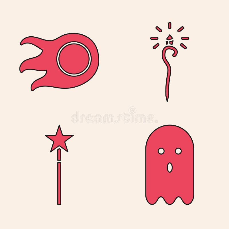 Set Ghost Fireball Magic Staff and Magic Wand Icon. Vector Ilustración ...