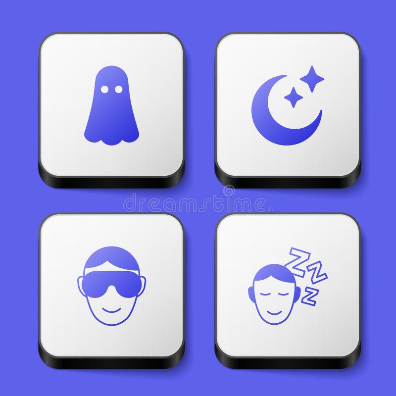 Set Ghost, Moon and Stars, Eye Sleep Mask and Dreams Icon. White Square ...