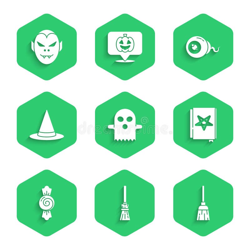 Set Ghost, Witches Broom, Ancient Magic Book, Candy, Hat, Eye and ...