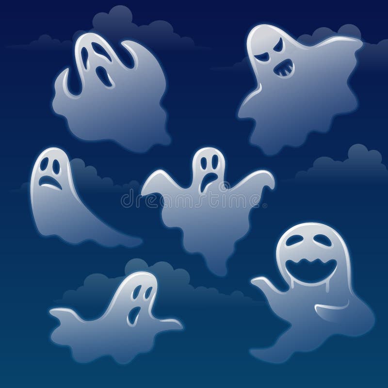 Set of Ghosts with Different Emotions on Sky with Clouds Stock Vector ...