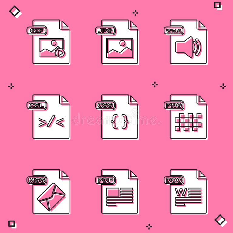 Set GIF File Document, JPG, WMA, XSL, CSS, PNG, MSG and PDF Icon. Vector Stock Vector ...
