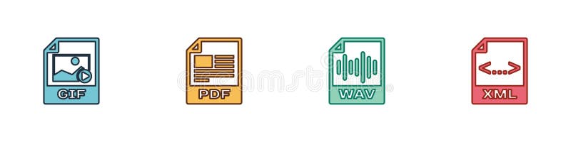 Set GIF File Document, PDF, WAV and XML Icon. Vector Stock Illustration ... Set GIF File Document, PDF, WAV and XML Icon. Vector Stock Illustration ...
