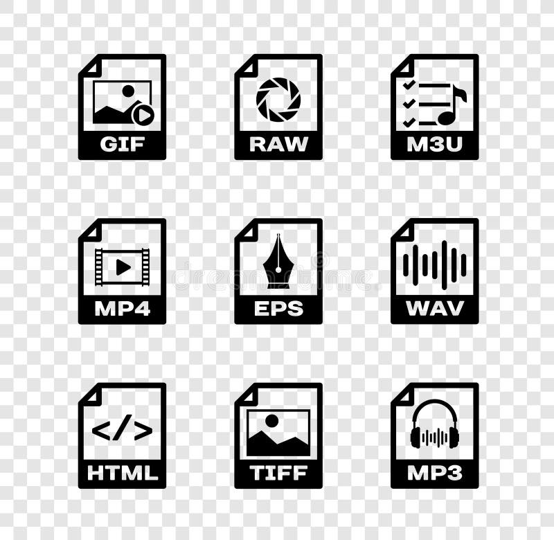 Set GIF File Document, RAW, M3U, HTML, TIFF and MP3 Icon. Vector Stock ... Set GIF File Document, RAW, M3U, HTML, TIFF and MP3 Icon. Vector Stock ...