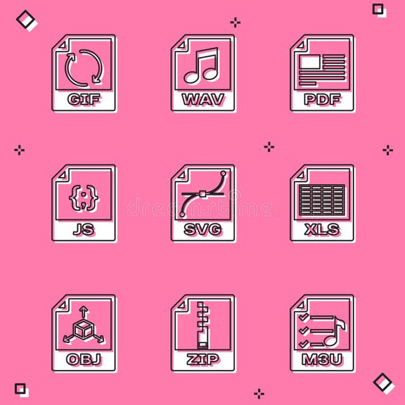 Set GIF File Document, WAV, PDF, JS, SVG and XLS Icon. Vector Stock ...