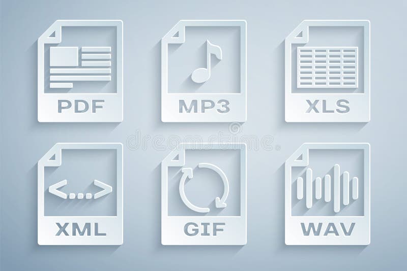 Set GIF File Document, XLS, XML, WAV, MP3 and PDF Icon. Vector Stock ... Set GIF File Document, XLS, XML, WAV, MP3 and PDF Icon. Vector Stock ...