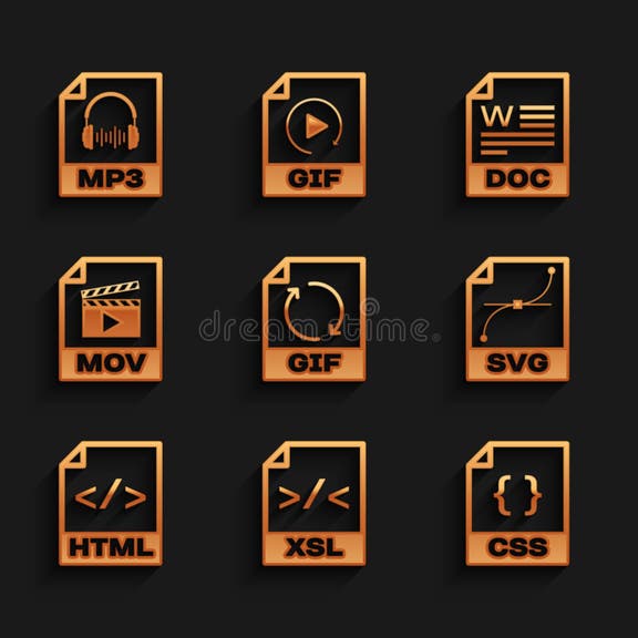 Set GIF File Document, XSL, CSS, SVG, HTML and MOV Icon. Vector Stock Illustration ...