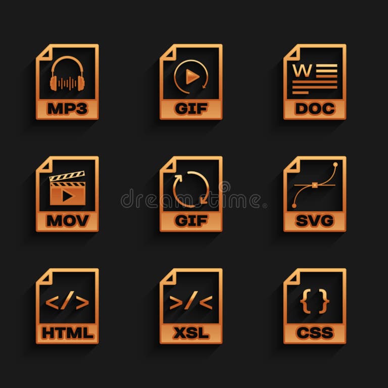 Set GIF File Document, XSL, CSS, SVG, HTML and MOV Icon. Vector Stock Illustration ...