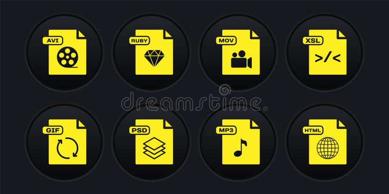 Set GIF File Document, XSL, PSD, MP3, MOV, RUBY, HTML and AVI Icon ... Set GIF File Document, XSL, PSD, MP3, MOV, RUBY, HTML and AVI Icon ...