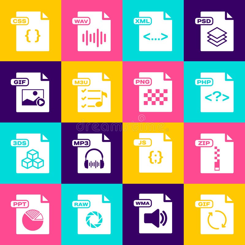 Set GIF File Document, ZIP, PHP, XML, M3U, CSS and PNG Icon. Vector ... Set GIF File Document, ZIP, PHP, XML, M3U, CSS and PNG Icon. Vector ...