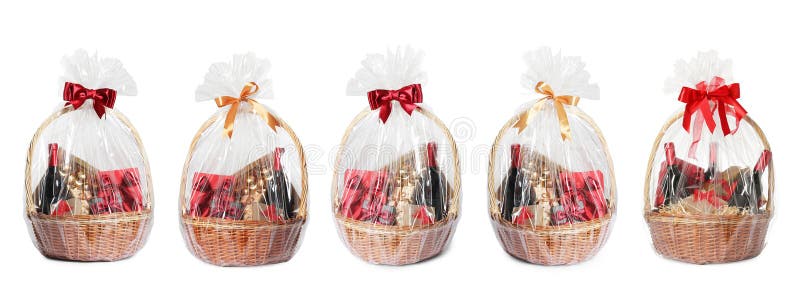 Set of Gift Baskets Isolated on White Stock Photo - Image of food ...