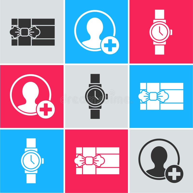 Set Gift Box, Create Account Screen and Wrist Watch Icon Stock ...