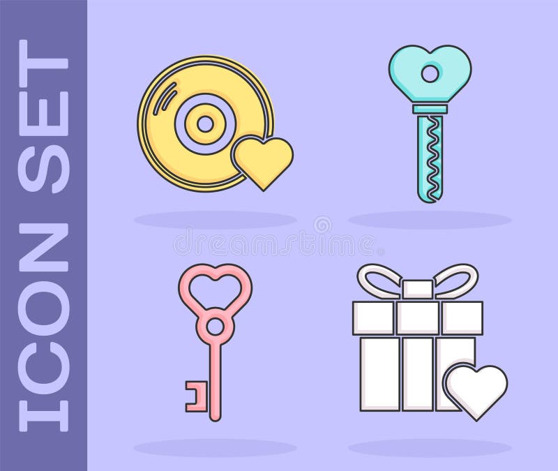 Set Gift Box and Heart, Romantic Music, Key in Heart Shape and Key in ...