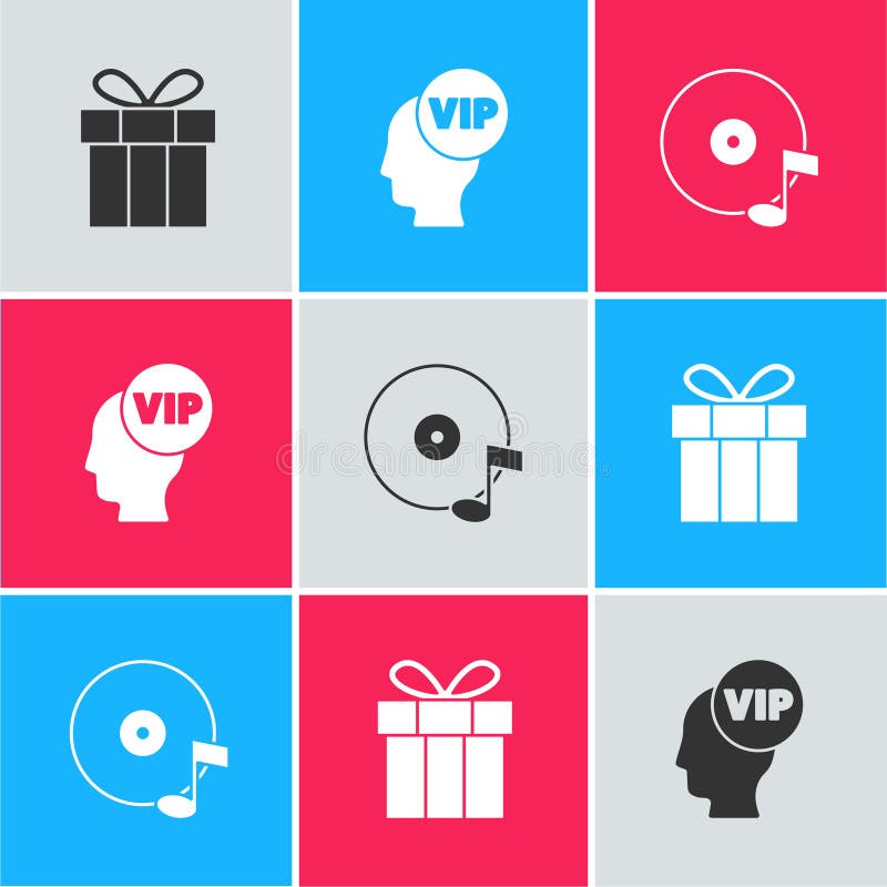 Set Gift Box, Vip Inside Head and Vinyl Disk Icon. Vector Stock Vector ...