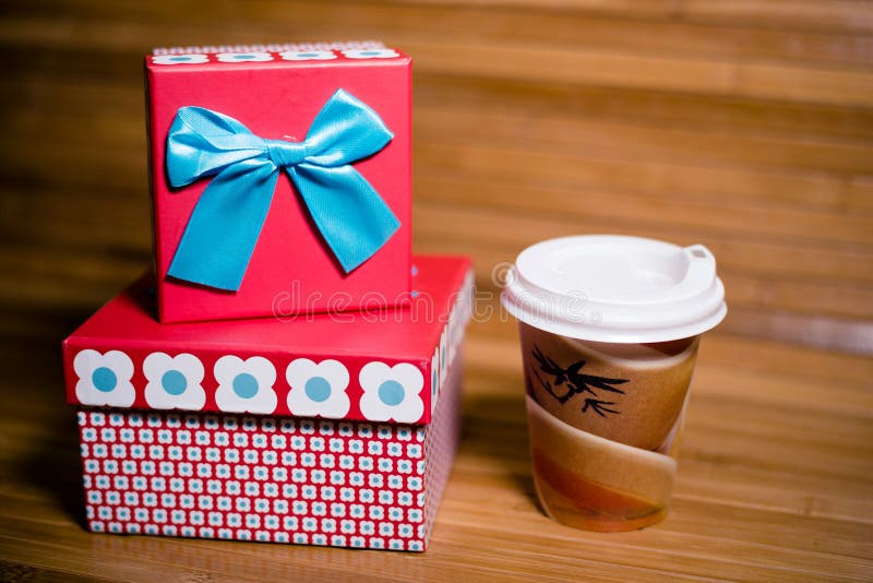 Set of Gift Boxes and Hot Drink Stock Photo - Image of blue, break ...