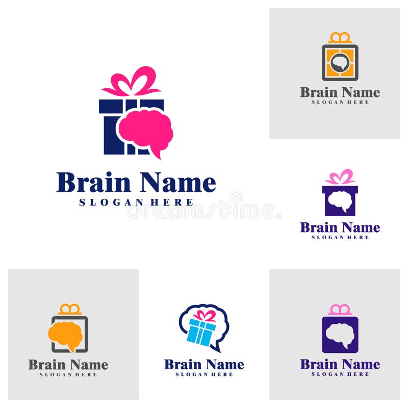 Set of Gift Brain Logo Design Vector. Creative Brain with Gift Logo ...