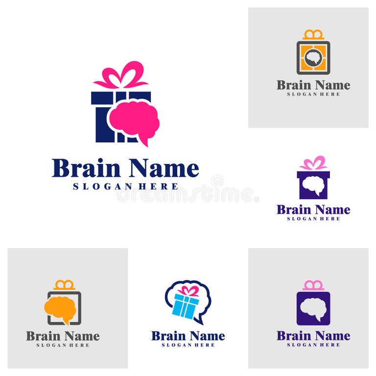 Set of Gift Brain Logo Design Vector. Creative Brain with Gift Logo ...