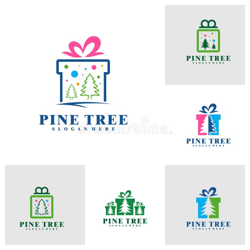 Set of Gift with Pine Tree Logo Design Vector. Creative Pine Tree Logo ...