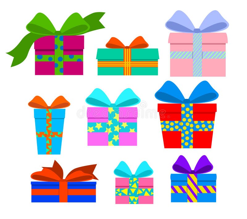 Set of Gifts in Multi-colored Boxes with a Ribbon. Surprise with a ...