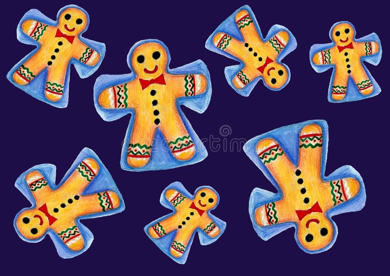 Set of Gingerbread Men on a Dark Blue Background. Drawing with Colored ...