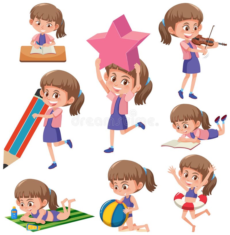 Set of Girls Doing Activitys Stock Vector - Illustration of holding ...