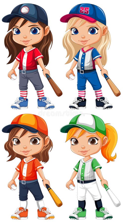 Set of Girls Holding Baseball Bats Stock Vector - Illustration of ...