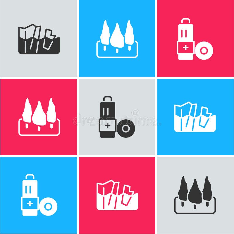 Set Glacier Melting, Forest and Battery Icon. Vector Stock Illustration ...