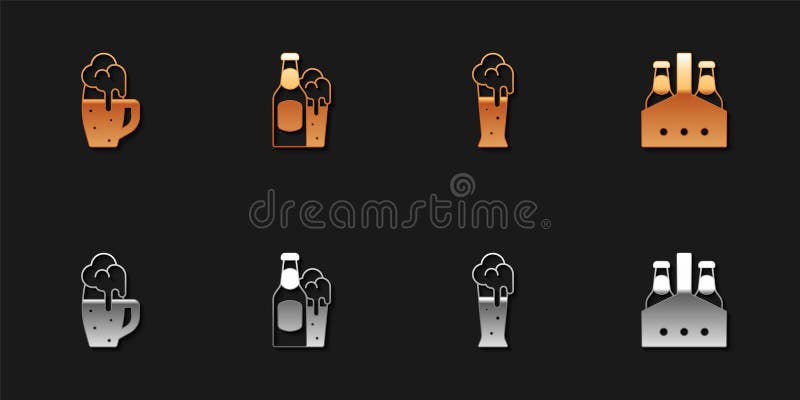 Set Glass of Beer, Beer Bottle and Glass, and Pack Bottles Icon. Vector ...