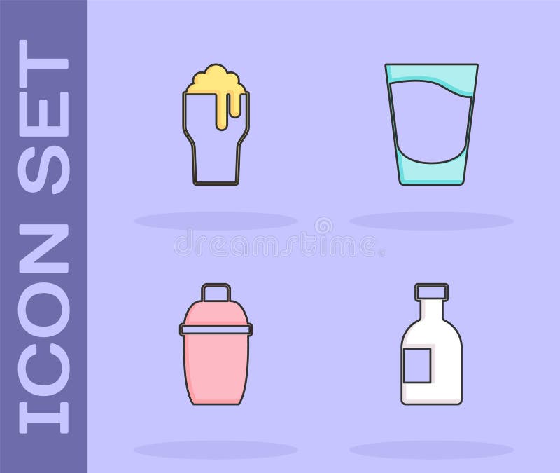 Set Glass Bottle of Vodka, Beer, Cocktail Shaker and Shot Glass Icon. Vector Stock Illustration ...