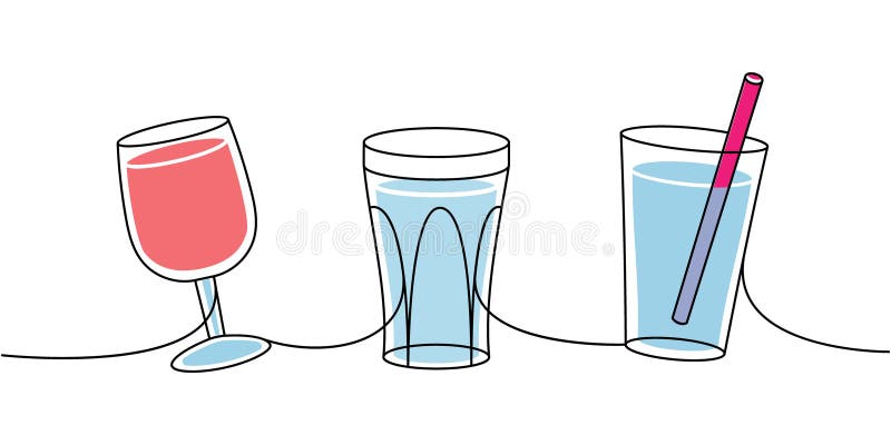 Set of Glass Cups One Line Colored Continuous Drawing. Empty Glass Cups ...
