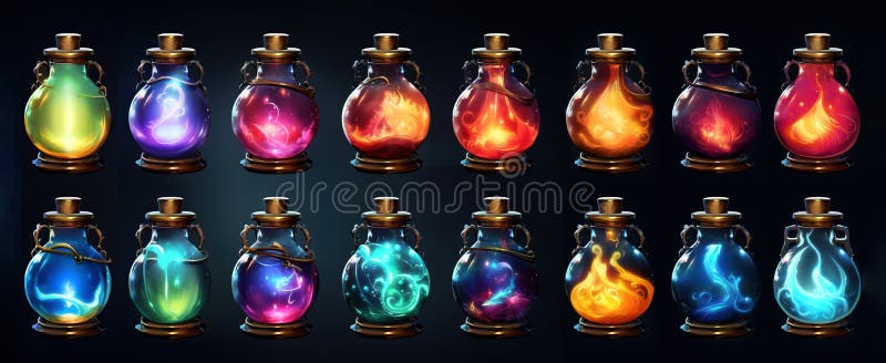 Set of Glass Flasks Containing Glowing Magic Potions of Different ...