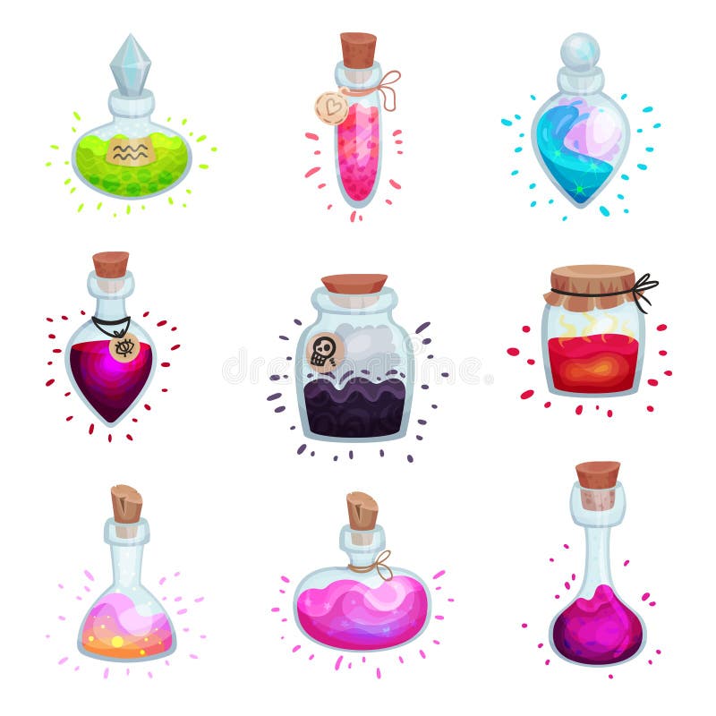 Magic Potions and Elixirs with Colorful Liquids Poured in Glass Fancy ...