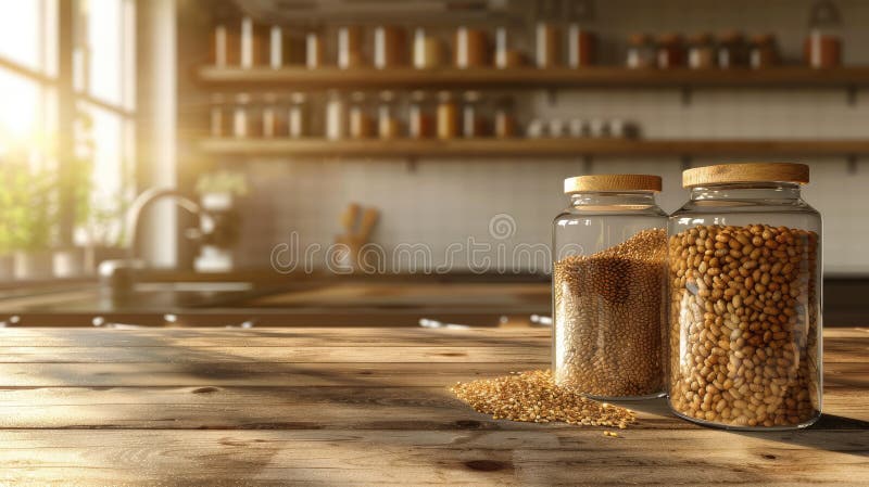A Set of Glass Jars with Different Types and Sizes of Grain on a Table ...