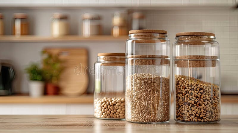 A Set of Glass Jars with Different Types and Sizes of Grain on a Table ...