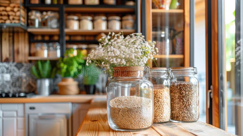 A Set of Glass Jars with Different Types and Sizes of Grain on a Table ...