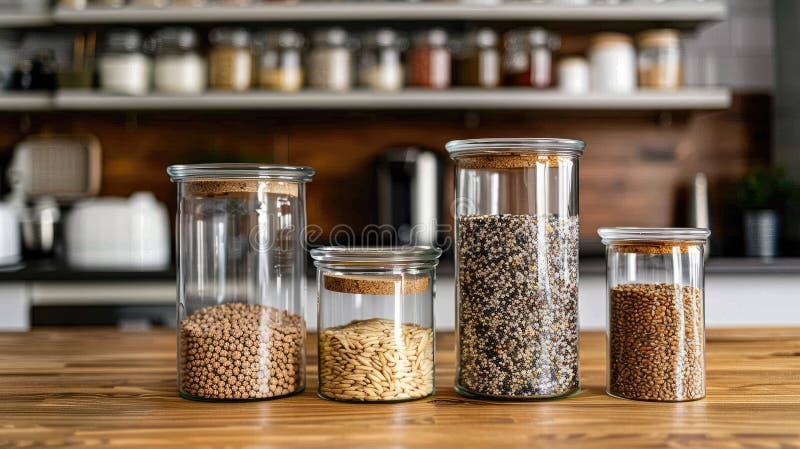 A Set of Glass Jars with Different Types and Sizes of Grain on a Table ...