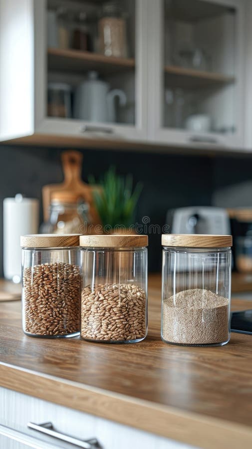 A Set of Glass Jars with Different Types and Sizes of Grain on a Table ...