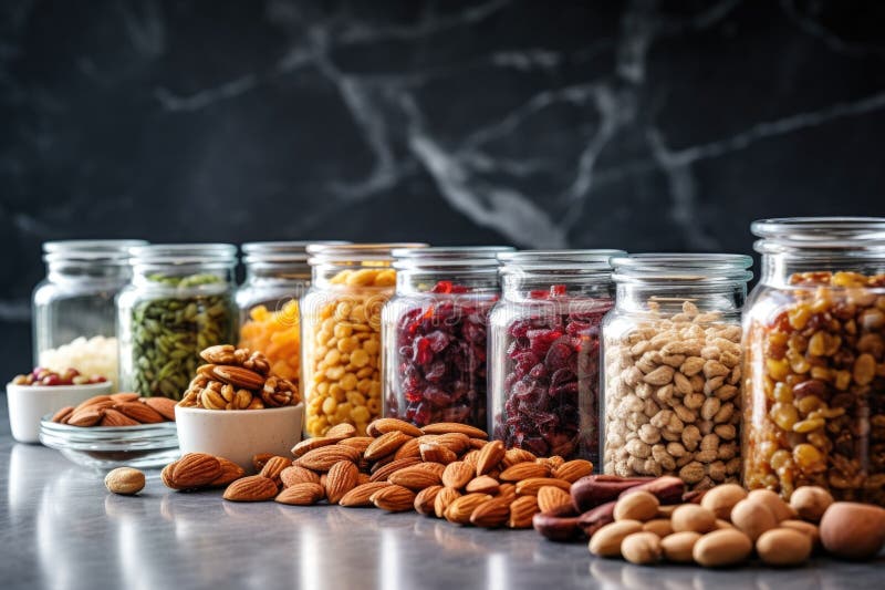 Set of Glass Jars Filled with Assorted Nuts on a Countertop Stock Image ...