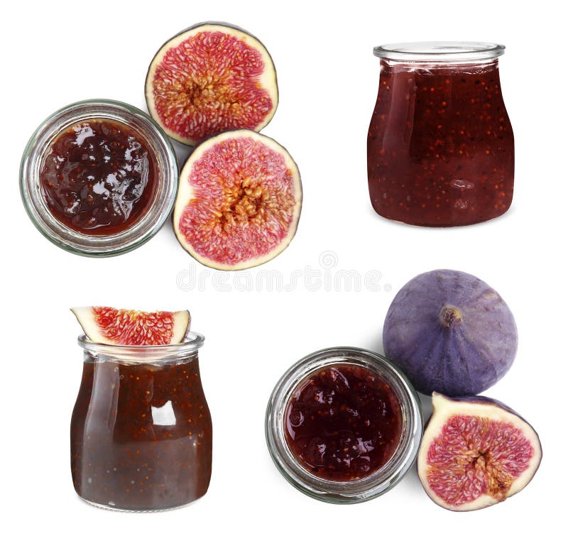 Set with Glass Jars of Tasty Sweet Fig Jam on White Background Stock ...