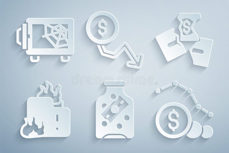 Set Glass Money Jar with Coin, Tearing Banknote, Fire Burning House, Dollar Rate Decrease, and ...