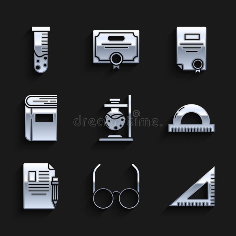 Set Glass Test Tube Flask on Fire, Triangular Ruler, Protractor Grid ...