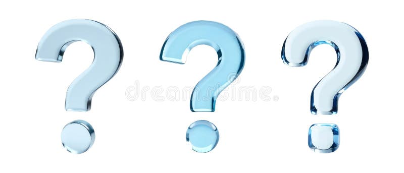 Set of Glass Transparent Blue Sparkling 3D Question Marks on a White ...