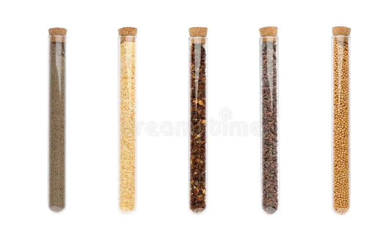 Set of Glass Tubes with Different Spices on White Background, Top View ...
