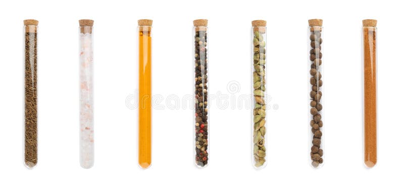 Set of Glass Tubes with Different Spices on White Background, Top View ...