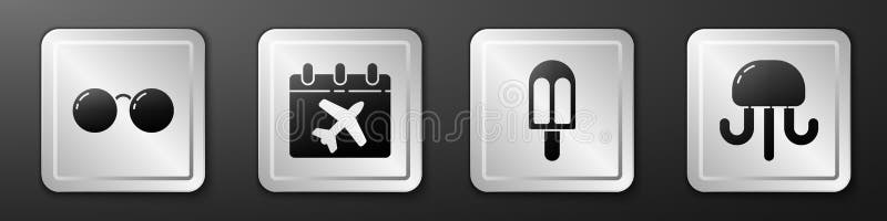 Set Glasses, Calendar and Airplane, Ice Cream and Jellyfish Icon ...