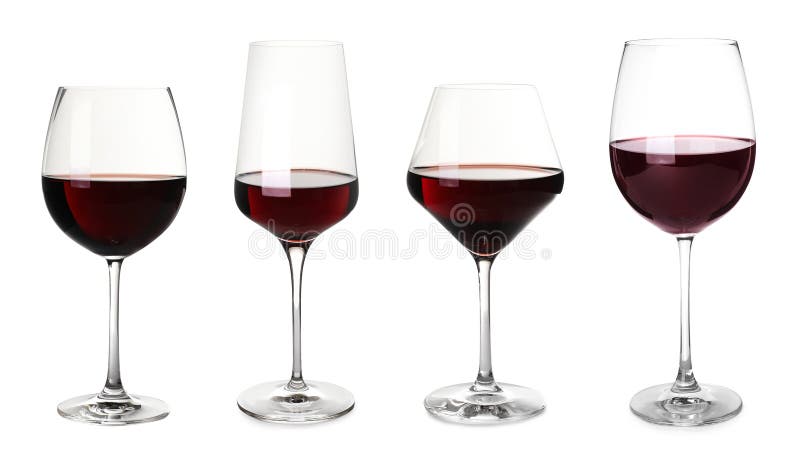 Set with Glasses of Delicious Expensive Red Wine on White Background ...