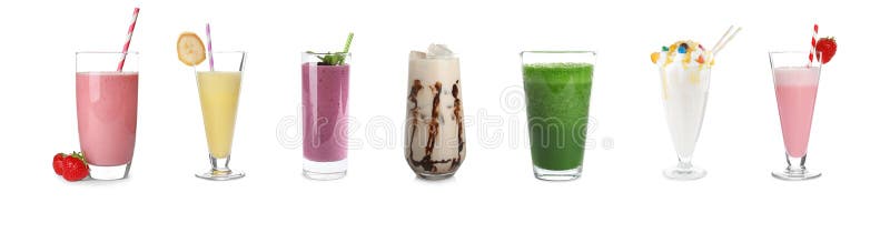 Set of Glasses with Different Protein Shakes on Background. Banner ...