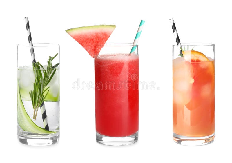 Set Of Glasses With Different Refreshing Drinks On White Stock Image Image Of Recipe