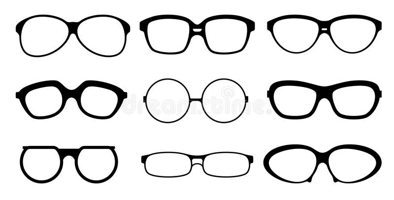 Set Glasses Silhouettes with Different Shapes. Black Outline Elements ...